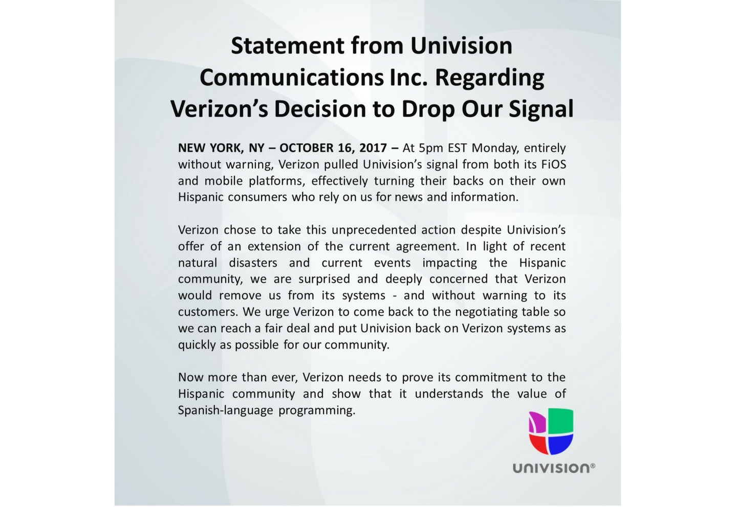Statement from Univision Communications Inc. Regarding Verizon’s ...